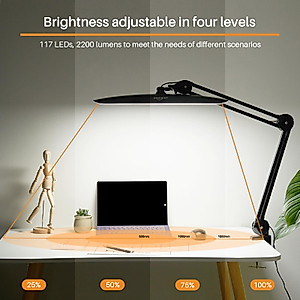 bemelux LED Desk Lamp with Clamp, Dimming Task Lamp for Reading Desktop Office Workbench Table Architect Sewing Study Home Craft, Bright 117PCS LEDs, 2200 Lumens 20 Inch Metal Swivel Arm Work Lamp
