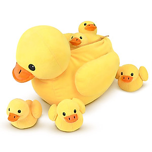 Pegmapri 14" Yellow Duck Stuffed Animal with Babies, Ducky Plush Playset with Zipper Pocket, 5pcs Ducklings Toys Plushie Birthday Gift for Kids Boy Girl