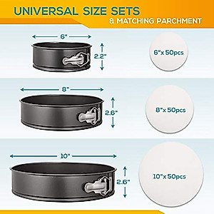HIWARE Springform Pan Set of 3 Non-stick Cheesecake Pan, Leakproof Round Cake Pan Set Includes 3 Pieces 6" 8" 10" Springform Pans with 150 Pcs Parchment Paper Liners