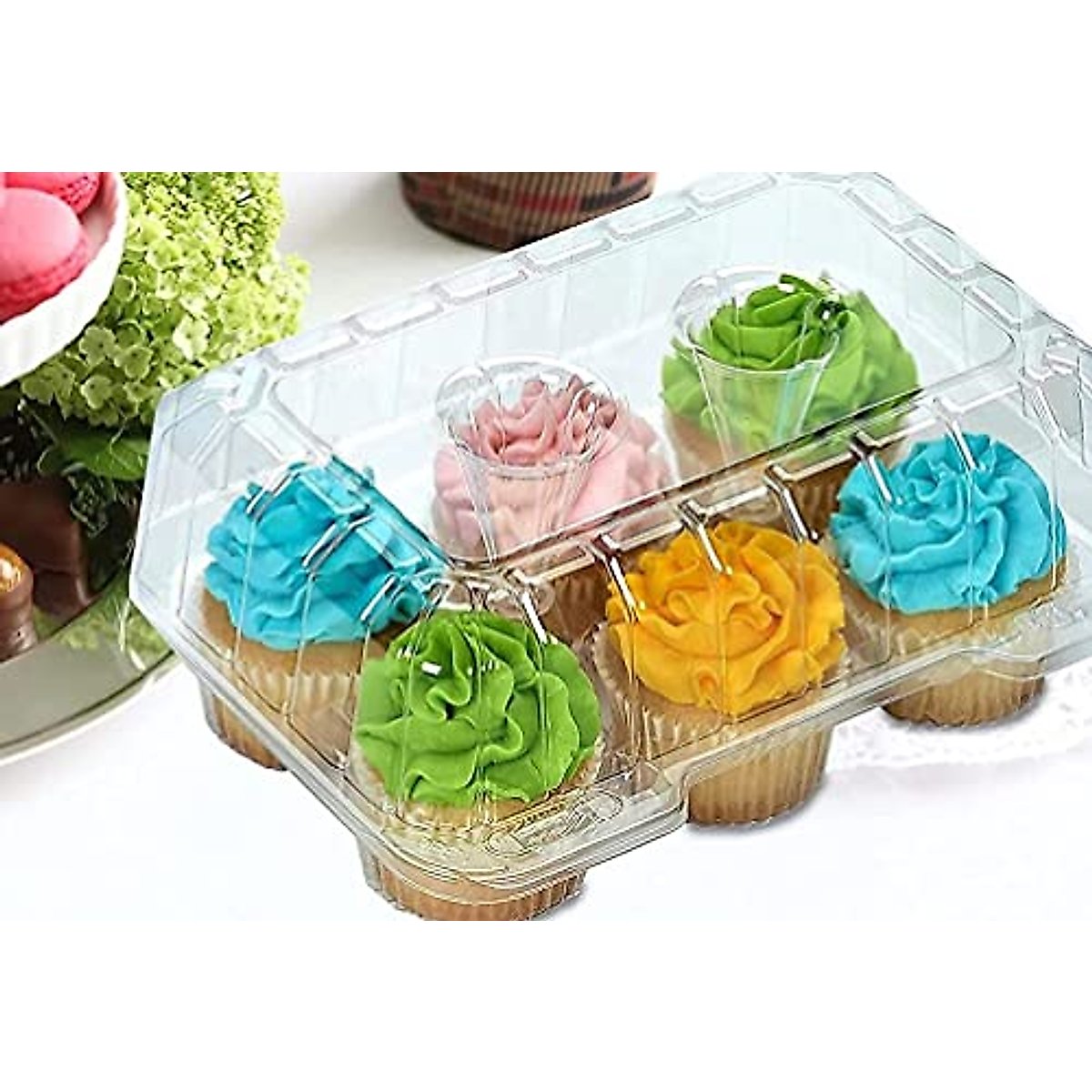 Cupcake Boxes 6 Count - MADE IN USA - Stylish Clear Plastic Cupcake Containers for Displaying & Transporting- Durable Cupcake Holders with 4" High Dome for High Toppings- Each Cup Cake Box Holds 6 Cupcakes- 12 Pack