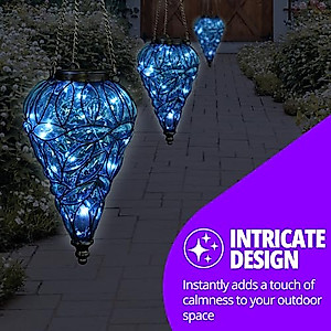 Exhart Outdoor Garden Solar Lights, Tear-Shaped Glass and Metal Hanging Lantern, 15 Firefly LED Lights, 7 x 24 Inch, Blue