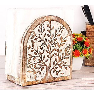 Wooden White Wash Tree of Life Tissue Paper Holder with Full Size Decorative Napkin Stand Tissue Paper Organizer for Home & Kitchen Dining Table Stand