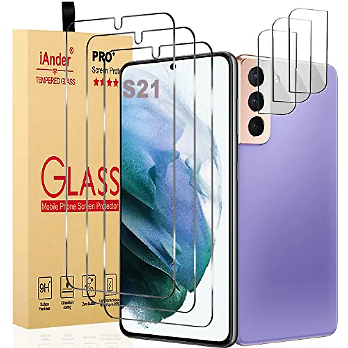iAnder 3 Pack Glass Screen Protector for Galaxy S21, 3 Pack Camera Lens Protector with Easy Installation Tray, Supports Fingerprint Sensor, HD Retina Clarity, Case Friendly