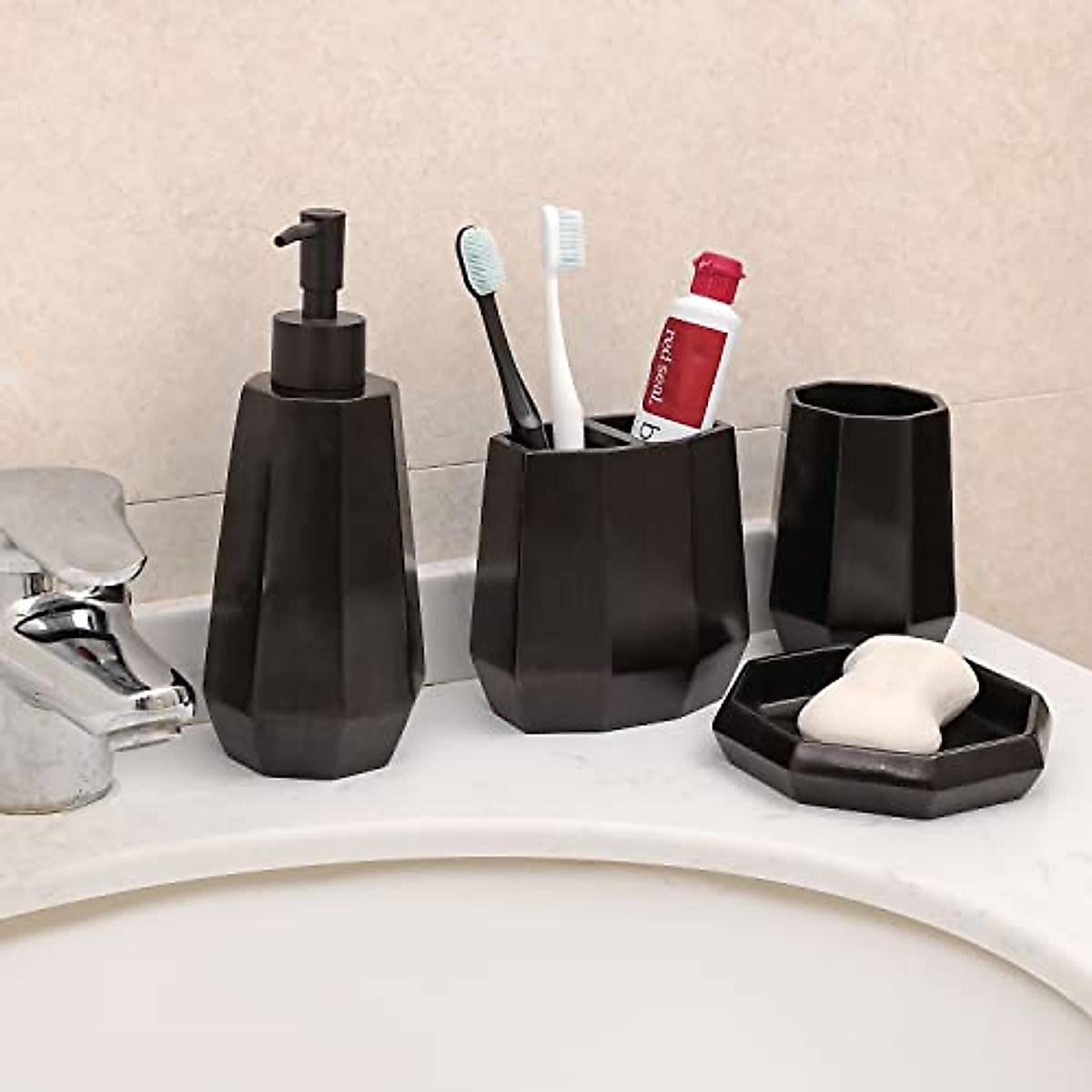 MyGift 4 Piece Modern Matte Black Resin Bathroom Accessories Set with Multifaceted Design Includes Soap Dish, Tumbler, Toothbrush Holder and Pump Dispenser