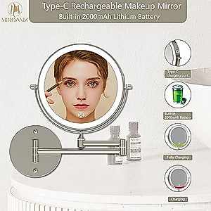 MIROAMZ Rechargeable Wall Mounted Lighted Makeup Vanity Mirror 8 Inch Double Sided 1X 10X Magnifying Bathroom Mirror, 3 Color Lighting, Touch Screen Dimming, 360 Rotation Shaving Mirror Brushed Nickel