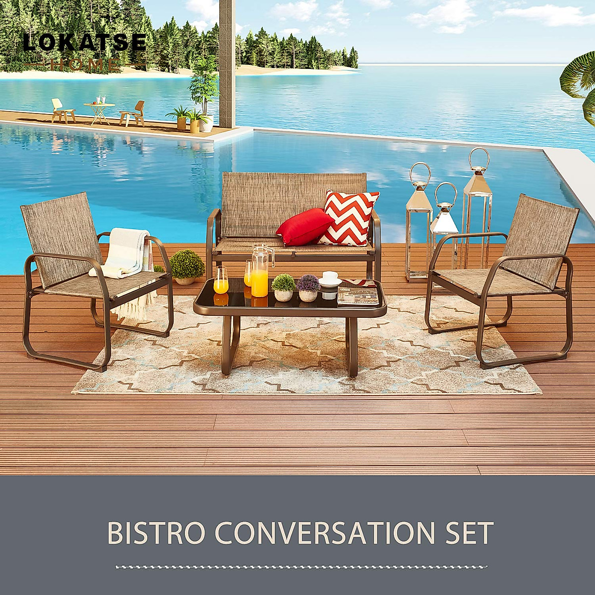 LOKATSE HOME 4 Pieces Patio Furniture Outdoor Bistro Conversation Set with Tempered Glass Coffee Table & Loveseat for Poolside, Porch, Lawn