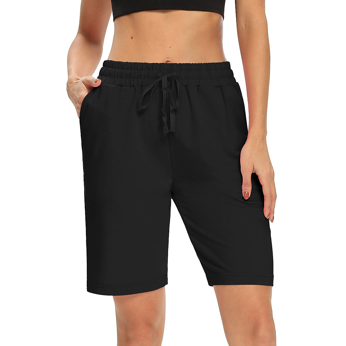 DIBAOLONG Womens Yoga Shorts Loose Comfy Drawstring Lounge Bermuda Shorts with 3 Pockets Black 2XL