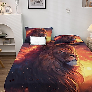 Lion Sheets Full Size, Animal Bed Sheets, Patterned Bedding Sheets & Pillowcases 4 Piece Set - Soft Microfiber Deep Pocket Fitted Sheet & Flat Sheet & 2 Pillow Cases K8-&-25
