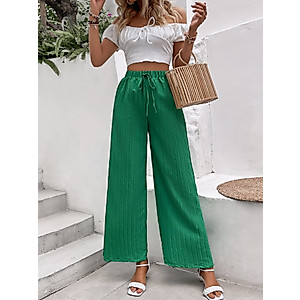 SweatyRocks Women's Boho Elastic Waist Pleated Pants Wide Leg Palazzo Pants Loose Trousers Solid Green XL
