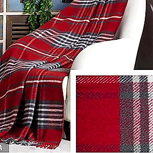 STP GOODS Cotton Red Throw Blanket Plaid for Couch Sofa Bed 86.6 х 63'' Twin Soft Warm Blanket with Fringe Scotch Travel Blanket (Red / Gray)