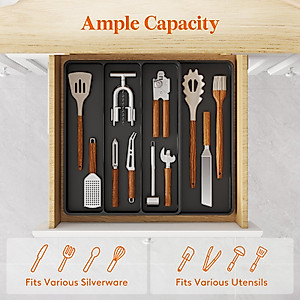 Lifewit Utensil Drawer Organizer, Expendable Cooking Silverware Tray for Kitchen Drawer, Adjustable Cutlery Flatware Holder, Plastic Spatula Tools and Gadgets Storage Divider, 4 Compartments, Black