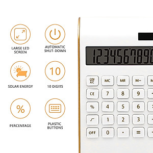 Calculator, 10 Digits Solar Battery Basic, Dual Powered Desktop Calculator, Tilted LCD Display, Inclined Design Slim Desk Calculator by Sportsvoutdoors (White)