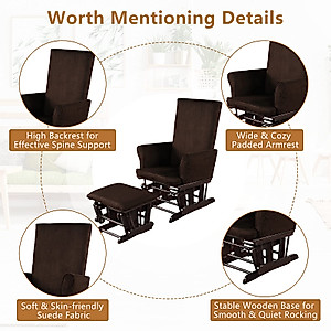 Costzon Glider and Ottoman Set, Wood Baby Rocker Nursery Furniture for Napping Reading Nursing, Cleanable Upholstered Comfort Rocking Nursery Chair with Detachable Cushion (Brown)