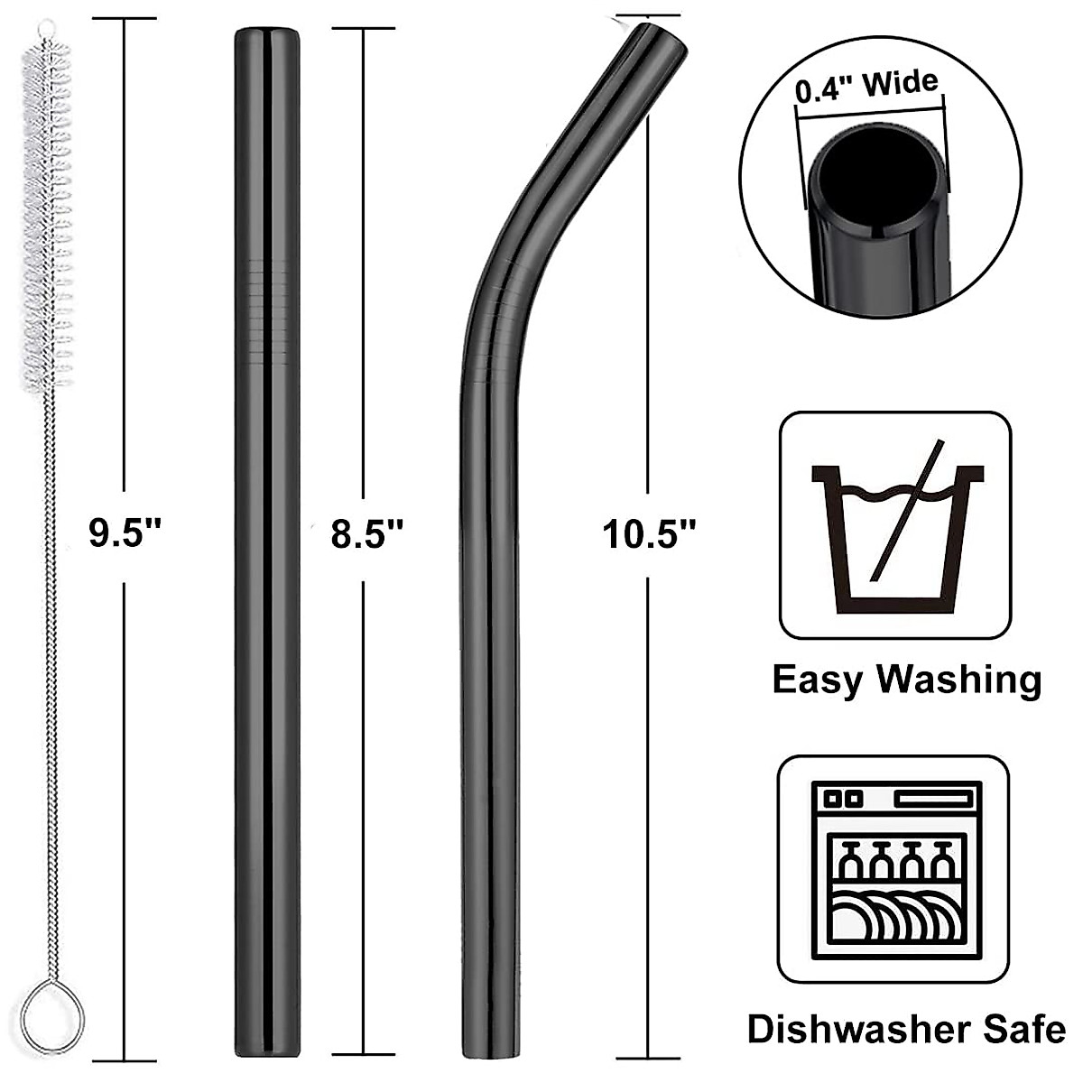 Vannise Reusable Smoothie Straws & Milkshake Straws 0.4" Wide Mouth Straw, Set of 6 Stainless Steel Straws 8.5"&10.5" with 1 Long Straw Cleaner Brush，Black Metal Straws for Jumbo Thicker Drinks
