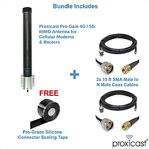 Proxicast Pro-Gain 4G / 5G MIMO Antenna + 2X 15 ft Pro Grade Low Loss CFD240 Coax Cable + Free Self-Fusing Silicone Rubber Sealing Tape Bundle (ANT-127-05M-BDL-15)