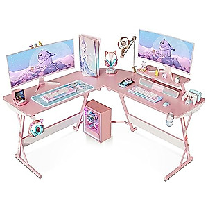 MOTPK Pink Gaming Desk L Shaped, 51 Inch Gamer Desk Gaming Table with Carbon Fiber Texture, Corner Computer Desk L Shape with Monitor Stand & Cup Holder & Headphone Hook, for Women & Girls Gift