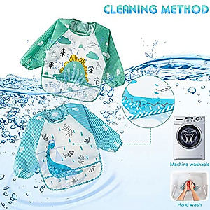 2ooya 5PCS Long Sleeved Baby Bibs Dinosaur Pattern Feeding Bibs Infant Toddler Kids Waterproof Long Sleeved Bibs with Pockets Cloth Stain & Odor Resistant Toddler Bibs for Babies Toddlers, 9-48Months