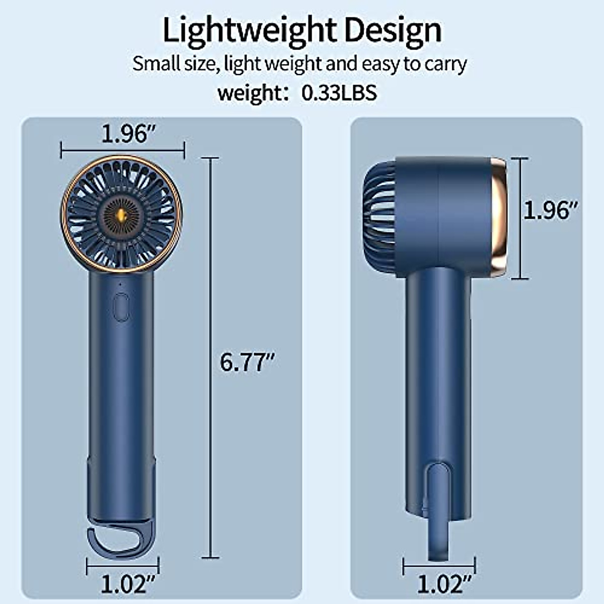 Handheld Fan, Mini Portable Fan USB Rechargeable with Hanging Hook, 3 Speeds, 3000mAh Personal Desk Turbo Fans, Small Pocket Fan for Indoor Outdoor Travel