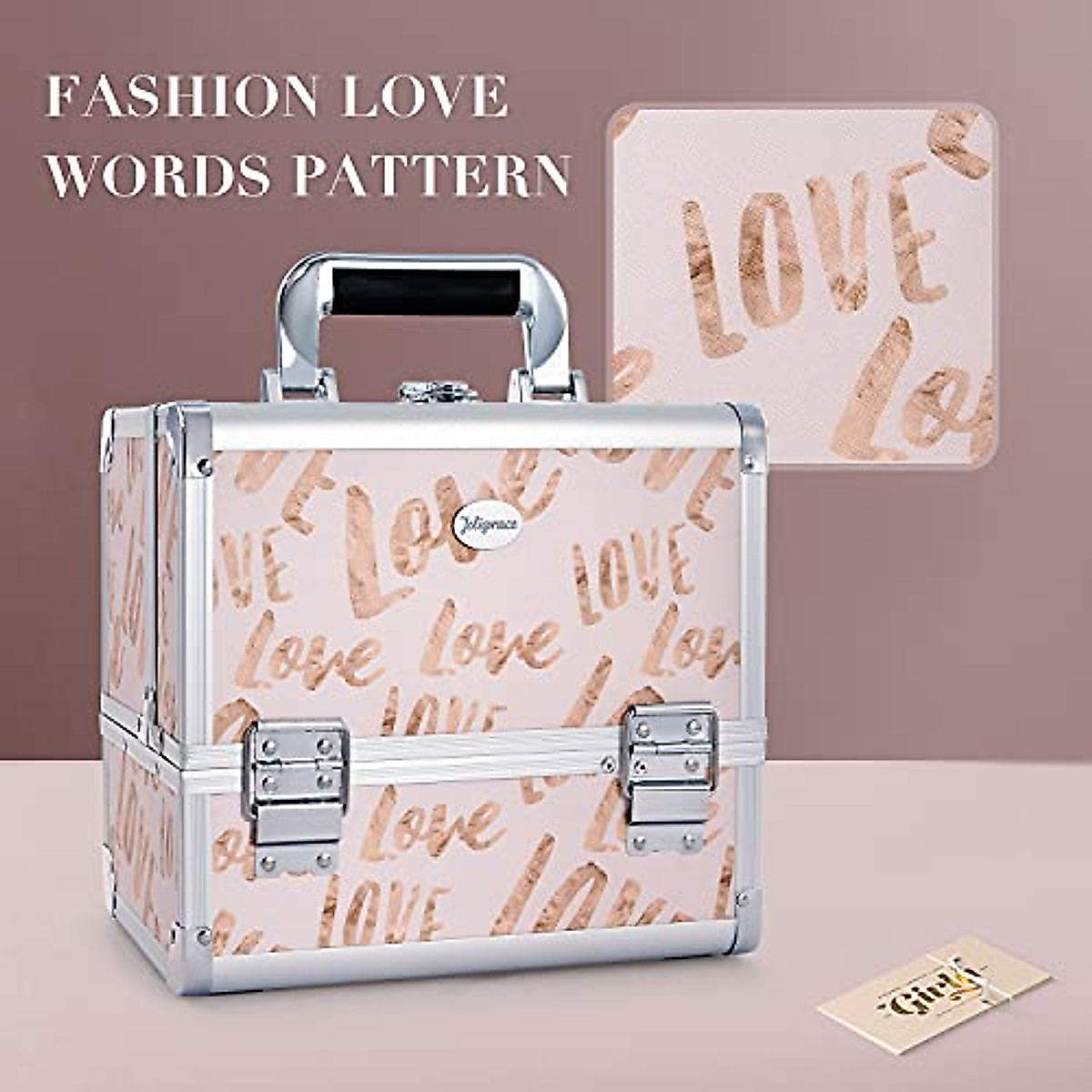 Joligrace Makeup Train Case Makeup Box Organizer Lockable with 3 Trays Portable Cosmetic Storage Case with Brush Holder & Mirror, Makeup Artist Travel Case Craft Case for Make-up or Nail Supplies