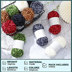 Xinnun 12 Skeins Plush Yarn, Thick Chenille Yarn, Soft Blanket Velvet Yarn for Knitting DIY Craft Total Length 1116 Yards, Fluffy Yarn for Crocheting Sweater Shawl Toy, 3.5 Oz/Skein (Simple Color)