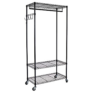 Oceanstar Heavy Duty Rolling Storage Garment Rack with Adjustable Shelves and Hook,Black