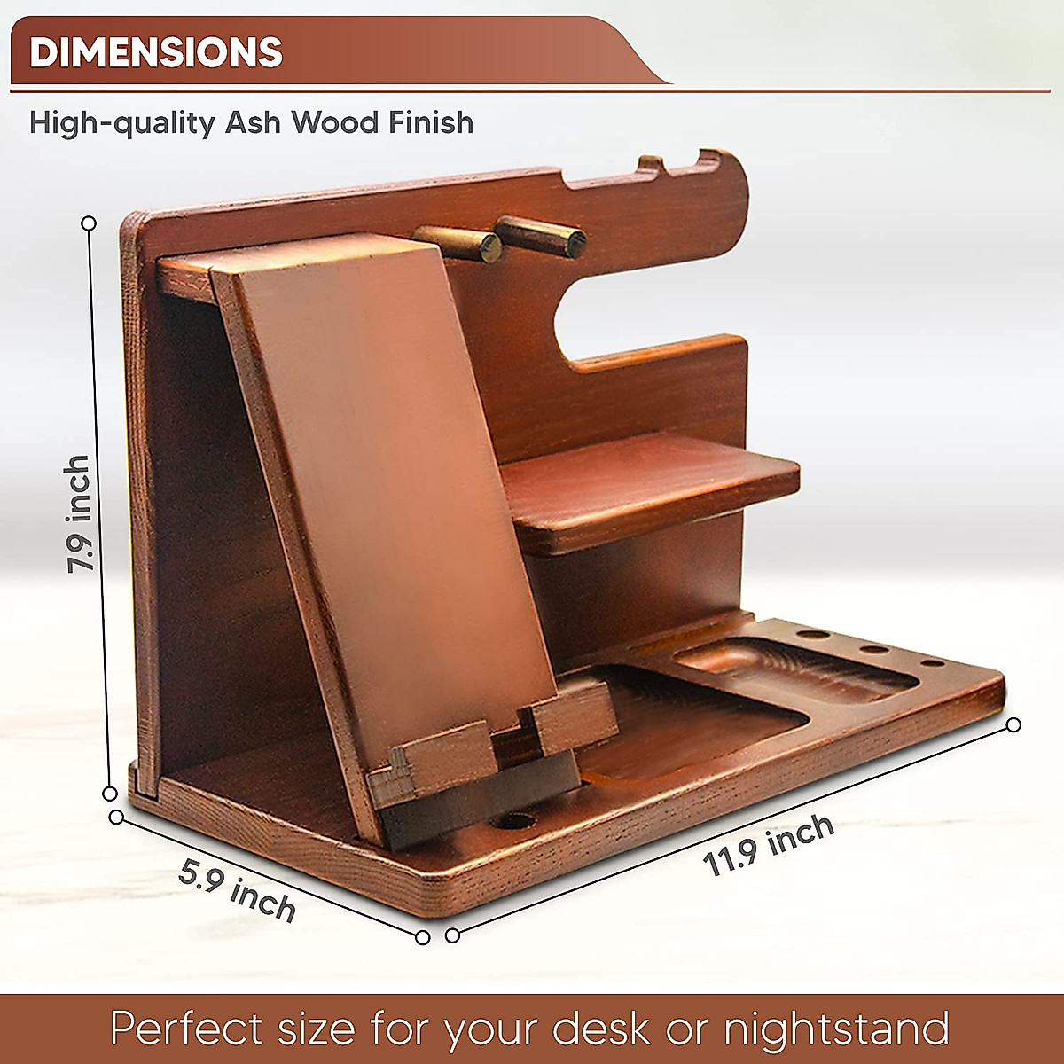 Wood Phone Docking Station Gifts for Men Him Husband Dad Boyfriend - Stylish Nightstand Organizer for Men Wooden Bedside Watch Stand Wallet Desk Organizer (Brown)