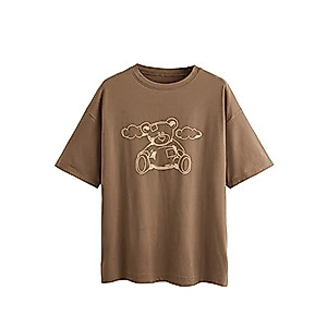 SOLY HUX Women's Cartoon Bear Print Short Sleeve Tee Casual Summer T Shirt Top Mocha Brown L