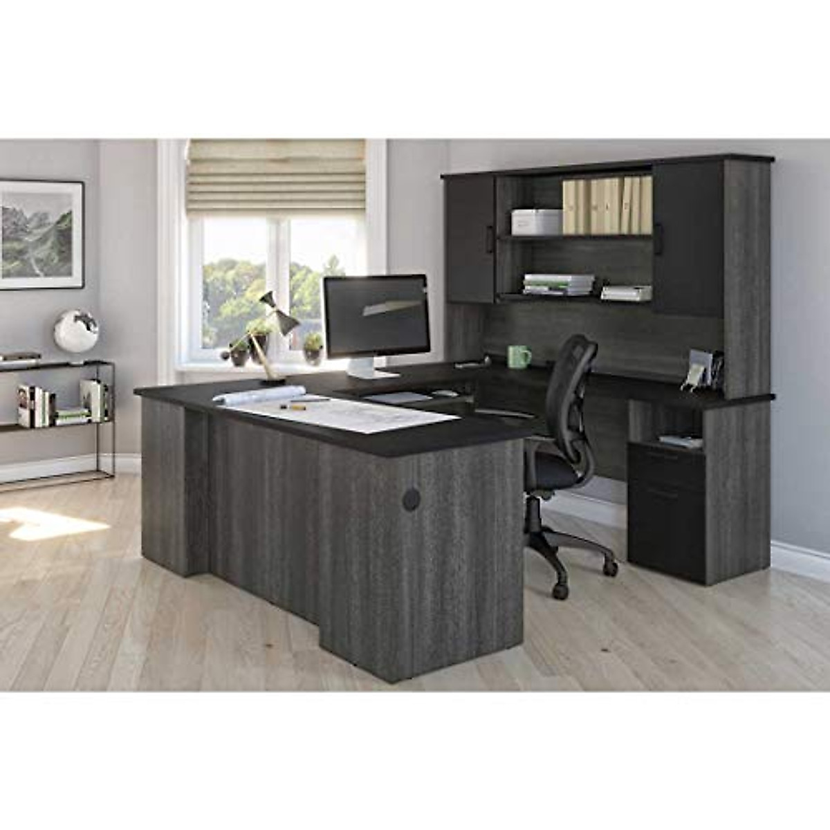 Bestar Norma U or L-Shaped Executive Desk with Hutch, 71W, Black & Bark Gray