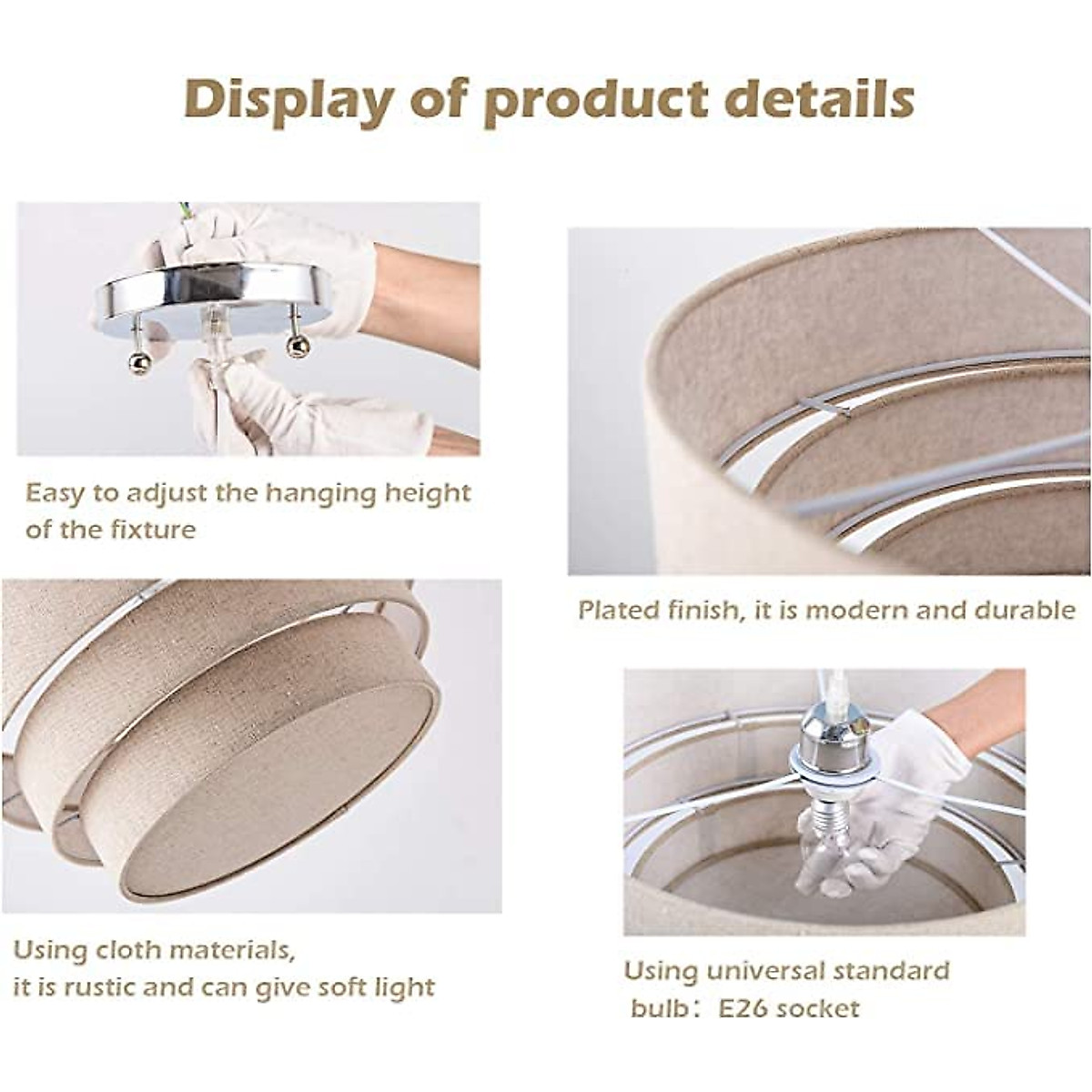 Yifi Deco Modern Pendant Ligh,13.4" Drum Hanging Lamp Fixture with 3-Tier Linen Fabrics Lampshade, Elegant Pendant Lighting for Dining Room, Bedroom, Kitchen Island, Entryway, Hallway