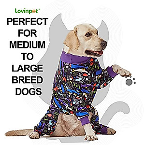 LovinPet Large Big Dog Pajamas - Post Surgery Onesie for Large Dog Breeds, Reflective Stripe, Lightweight breatheable stretchy knit, Charcoal Gray Deep Sea Print, Large Dog Jammies, Pet Pj's,Black 2XL