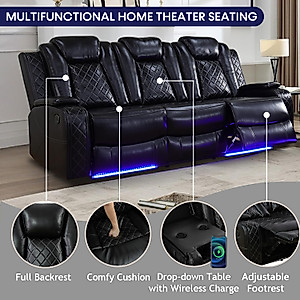 Caberryne Leather Recliner Sofa Set with LED Lights,Power Reclining Sofa and Loveseat Set with USB Port/Wireless Charger/Cup Holder for Living Room/House/Home Theater(2 Piece Set,Black)