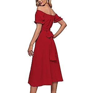 LYANER Women's Off Shoulder Wrap Ruffle Puff Short Sleeve Ruched Tie Back Dress Red Small