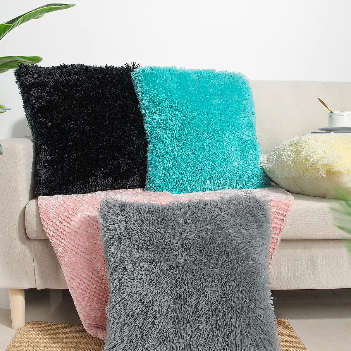 TOONOW Set of 2 Decorative Throw Pillow Covers 18x18, Black Fluffy Pillow Covers New Luxury Faux Fur Square Sofa Pillow Covers for Sofa Couch Living Room Bedroom, No Pillow Insert