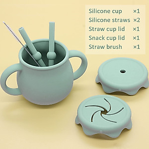 Ginbear 2-in-1 Silicone Baby Cups with Straw & Snack Cup Lid, 8.5 OZ Spill Proof Sippy Cups, Toddler Training Cup for ages 12 M+ (Hazy Green)
