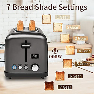 SEEDEEM Toaster 2 Slice, Stainless Steel Bread Toaster with LCD Display, 7 Bread Shade Settings, 1.5'' Variable Extra Wide Slots Bagel Toaster with 4 Functions, Removable Crumb Tray, 900W, Dark Metallic …