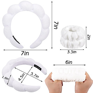 Zkptops Spa Headband for Washing Face Wristband Set Sponge Makeup Skincare Headband Terry Cloth Bubble Soft Get Ready Hairband for Women Girl Puffy Padded Headwear Non Slip Thick Hair Accessory(White)