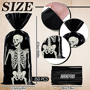 Whaline 150Pcs Halloween Cellophane Gift Bags with 200Pcs Twist Ties Funny Skeleton Party Favor Bags Candy Goodie Treat Bags for Trick or Treat Birthday Party Supplies