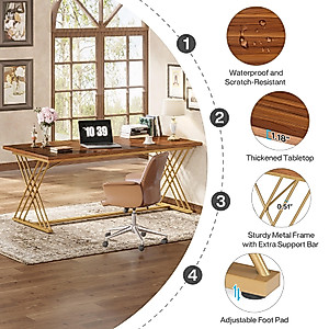 Tribesigns 63" x 31.5" Large Computer Desk, Modern Wood Home Office Desk, Computer Table Executive Desk, Study Writing Table Workstation for Living Room Bedroom Office, Brown + Gold Metal Frame
