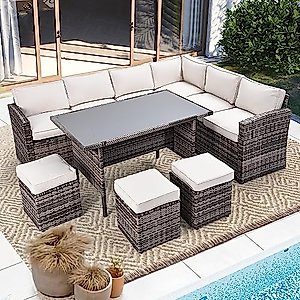 JETEAGO 7 Piece Patio Furniture Set Wicker Conversation Set Outdoor Garden Sectional Rattan Sofa with Dining Table,Ottoman for Yard Poolside, Beige