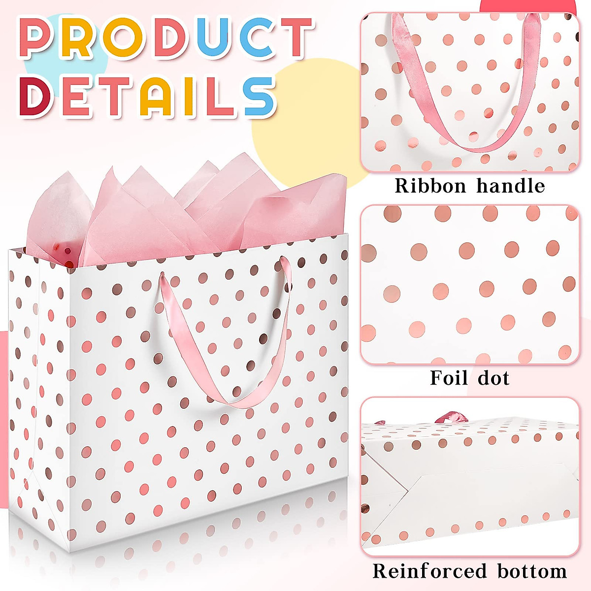 8 Pcs 16'' Extra Large Gift Bags Metallic Dots Present Bags with Handles and Paper for Wedding Holiday Birth Party (Colored)