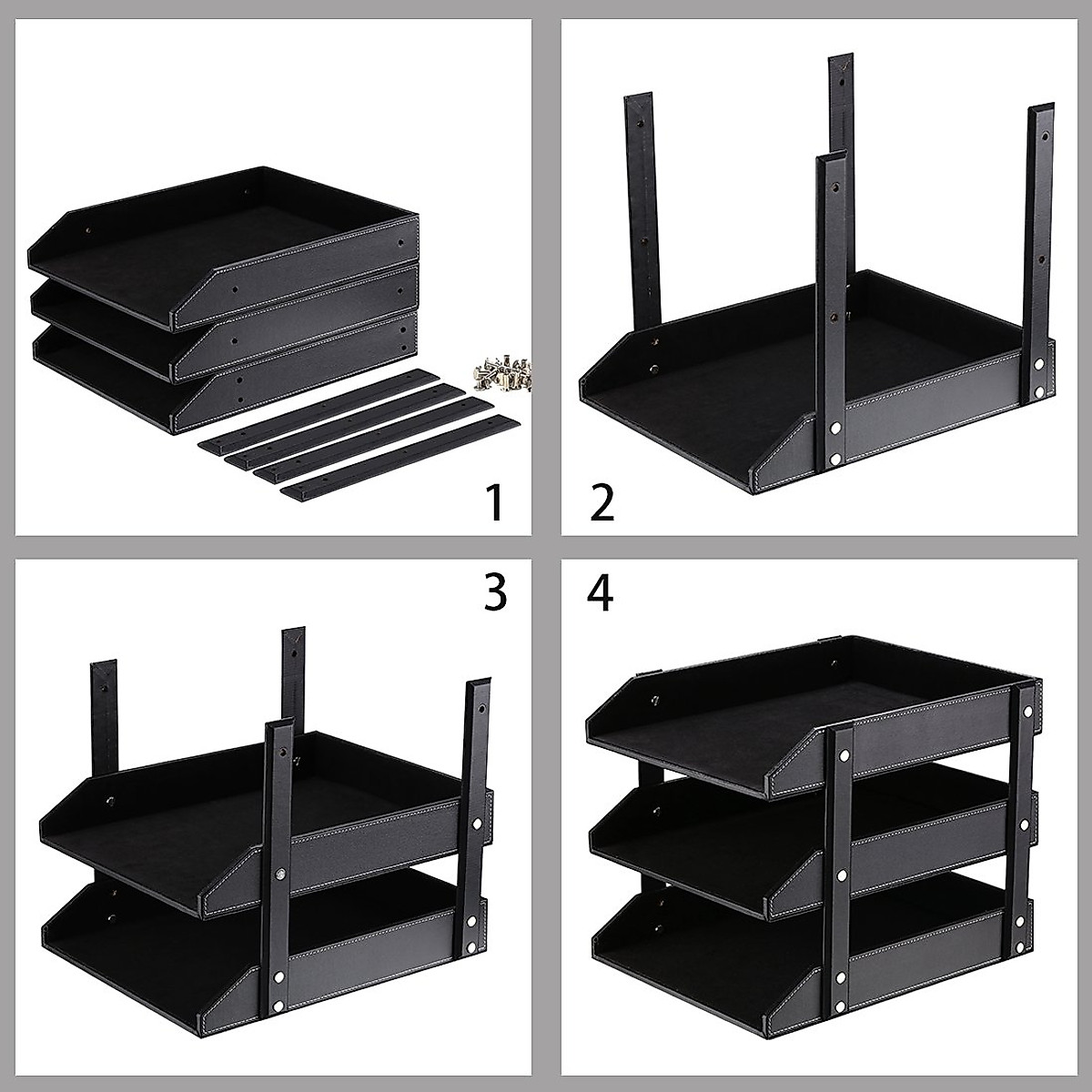 Leather Desk Organizer, Thipoten 3-Tier Stackable Letter Tray Holder for Office Supplies, Paper, File, Magazine, Perfect Office Organization for Desktop (Black-3Tiers)