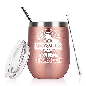 Mamasaurus Tumbler Don't Mess with Mamasaurus You'll Get Jurasskicked Tumbler Birthday Mothers Day Gifts for Mom from Daughter Son Kids Mom Gifts 12 Ounce with Gift Box Rose Gold