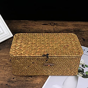 Alipis Desktop Stand Storage Drawers Straw Basket with Lid Seagrass Storage Basket Bins, Desktop Makeup Organizer Sundries Storage Box Rattan Lidded Box Shelf Bracket Small Basket