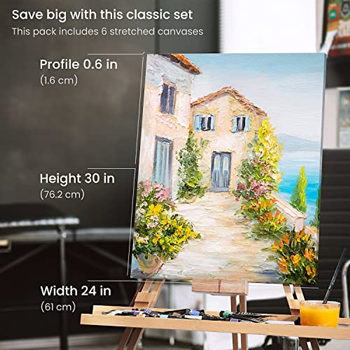 ARTEZA Stretched Canvas, 24 x 30 Inches, Pack of 6, Blank White Large Canvas Boards for Acrylic, Oil and Gouache Painting