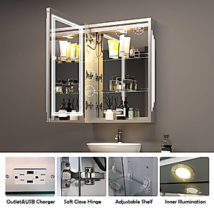 Janboe 20×26inch Medicine Cabinet with Lights,Lighted Medicine Cabinet,3 Colors&Dimmable,Demister,Internal Light,USB Shaver Socket,Inner Door Lighting