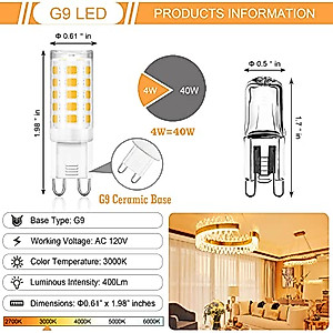 winshine G9 LED Bulb 3000K Warm White, G9 Light Bulb 4W (40W Halogen Equivalent), G9 Bi Pin Ceramic Base 360°Beam Angle 400 Lumen for Chandelier Ceiling Pendant Lighting No-Dimmable, 6 Pack