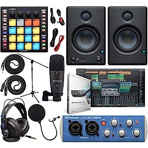 PreSonus AudioBox 96 Audio Interface (May Vary Blue or Black) Full Studio Bundle with Studio One Artist Software Pack, ATOM MIDI/Production Pad Controller, Eris 4.5 BT Pair 2-Way Bluetooth Monitors