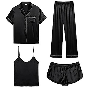 SWOMOG Womens 4pcs Pajamas Sets Sexy Cami with Button Down Short Sleeve Shirt Pjs Silk Satin Sleepwear Loungewear A-black