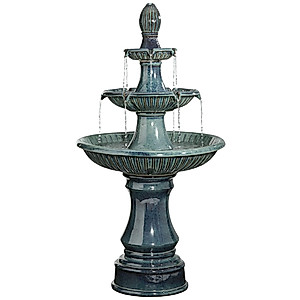 Modern Outdoor Cascading Floor Water Fountain with LED Light 3-Tier Teal Blue Ceramic 46" for Yard Garden Patio Backyard Deck Home Lawn Porch House Exterior Balcony - John Timberland