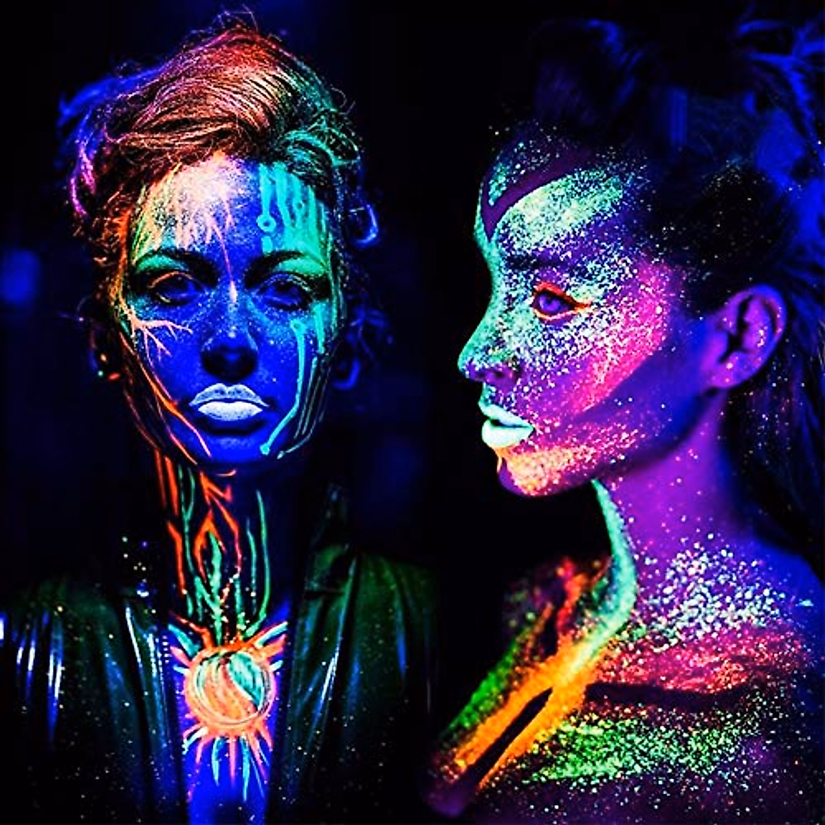 Kalolary Glow in the Dark Makeup, Neon Eyeshadow Glow Palette UV Glow Blacklight Matte and Glitter, 24 Colors Highly Pigmented Eyeshadow Kit with 4 Brushes for Valentine's Day Face Body Makeup